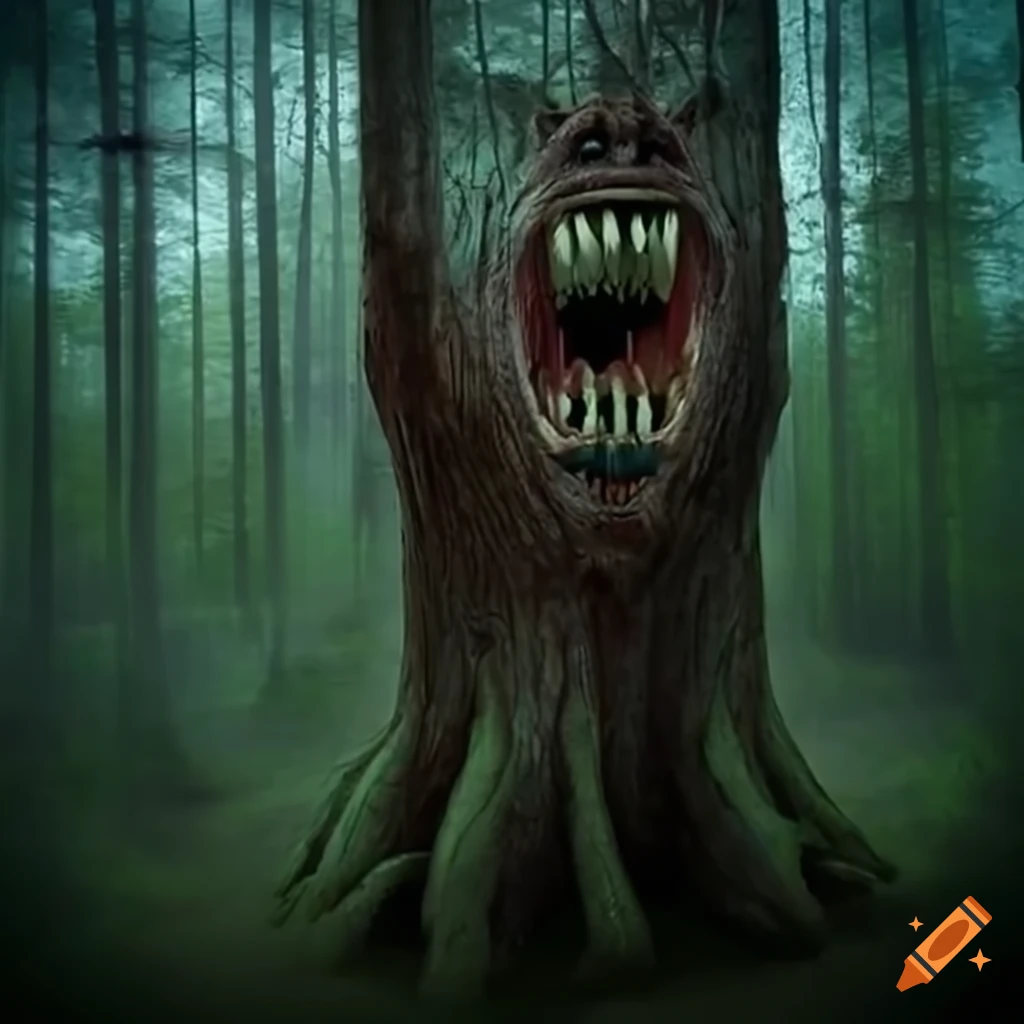 Dark and foreboding forest with a terrifying tree monster on Craiyon
