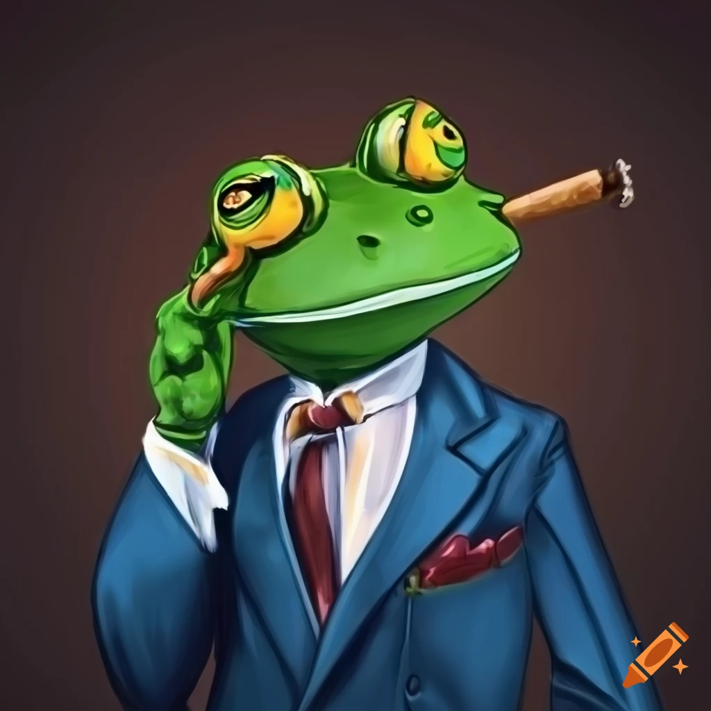 Frog in a suit with a cigar, looking relaxed on Craiyon