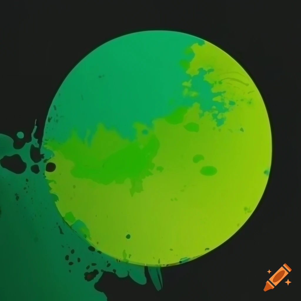 Green sunset with splatter paint on a black background in an abstract ...