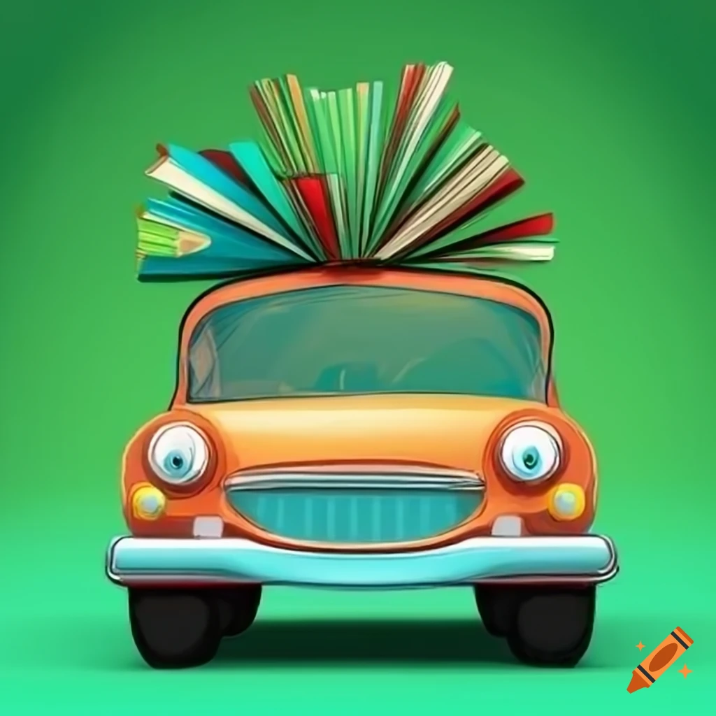 Cartoon car with books on a green background on Craiyon