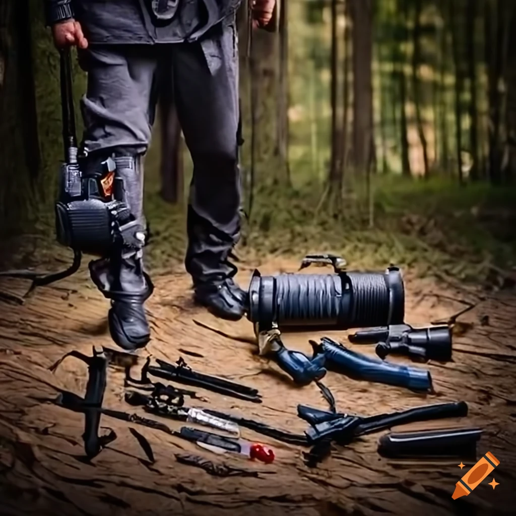Collection of survival weapons, tools, and gear in outdoor setting on ...