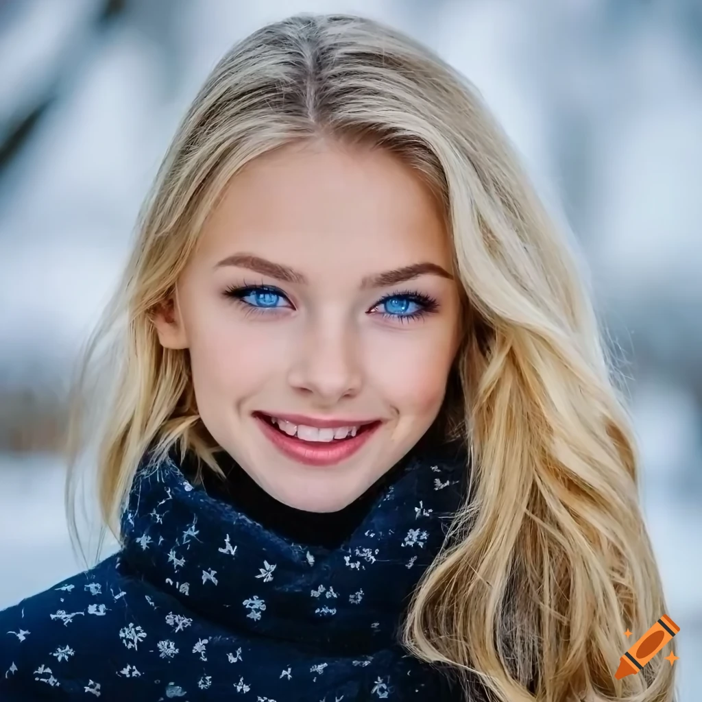 Portrait Of A Stunning Blonde Girl With Light Blue Eyes In Winter Clothing On Craiyon
