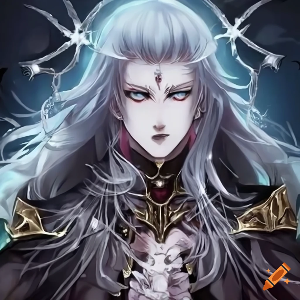 Anime legendary man with icy golden hair in a gothic vampire priest ...