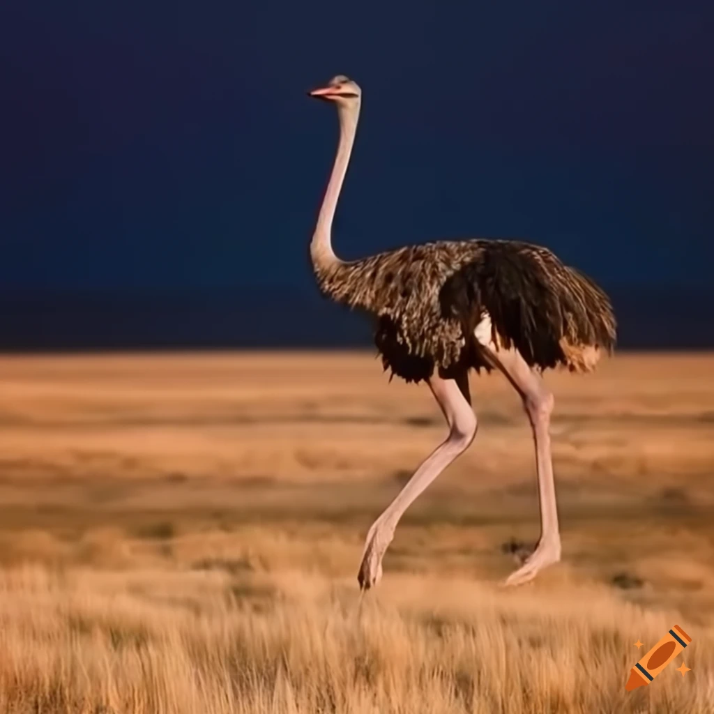Natural-colored ostrich running through the desert at night on Craiyon