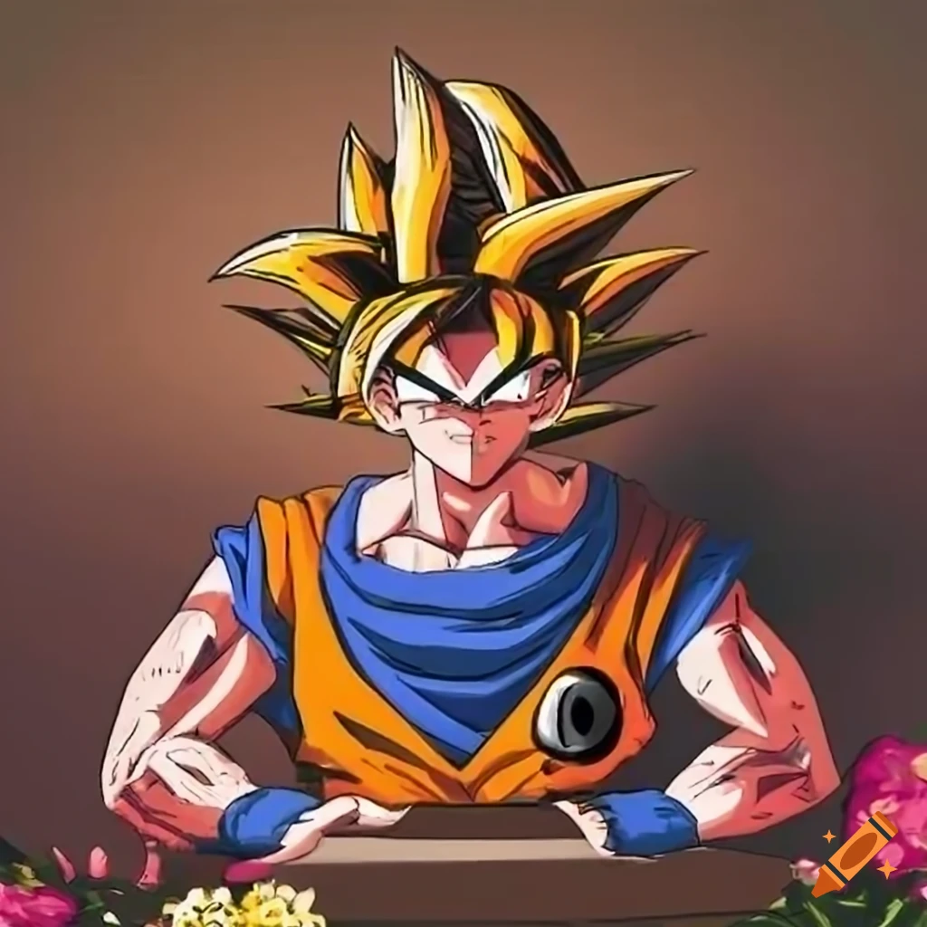 Goku mourning at a coffin with flowers on Craiyon