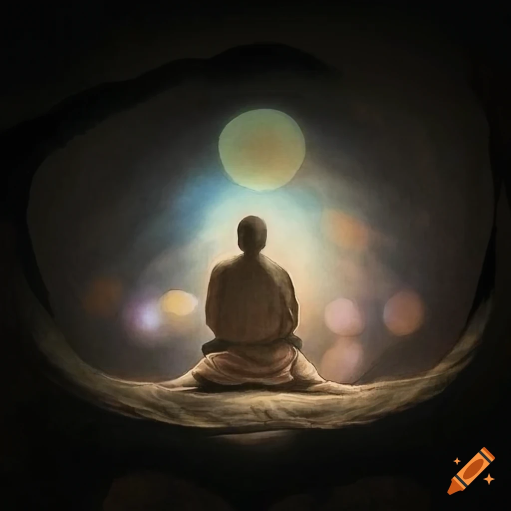 Zen monk meditating in nature in hokusai style art on Craiyon