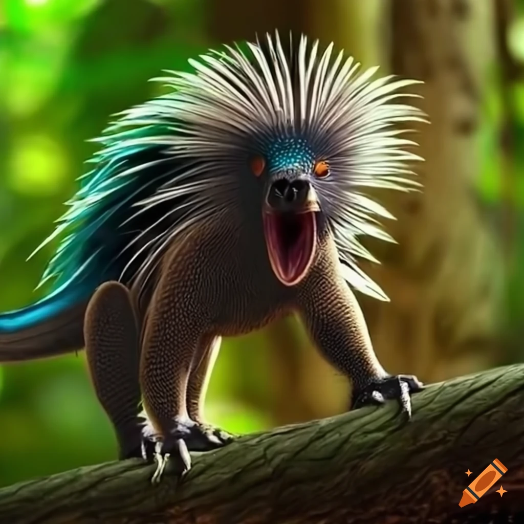 Quillaraptor, an imaginary rainforest creature with lizard-like body and protective quills on ...