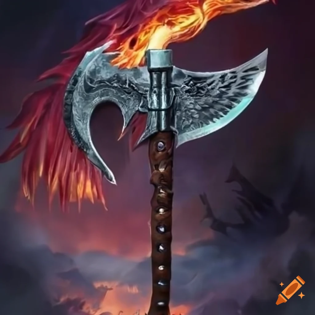 Legendary axe with twin steel phoenix wings blades on Craiyon