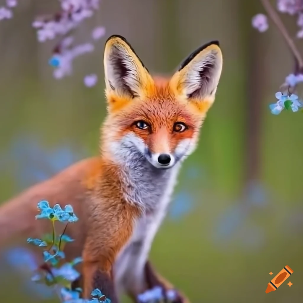 Spring fox family walking in a blossoming forest under the sun on Craiyon