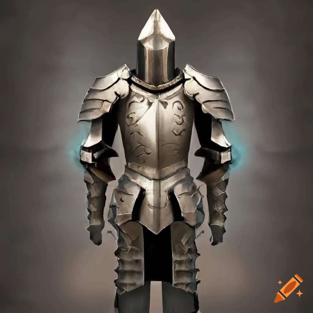 Shiny magic fantasy master armor made of steel in front view on Craiyon