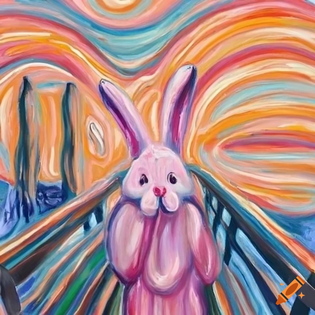 Startled pink bunny in surreal Easter landscape inspired by Edvard ...