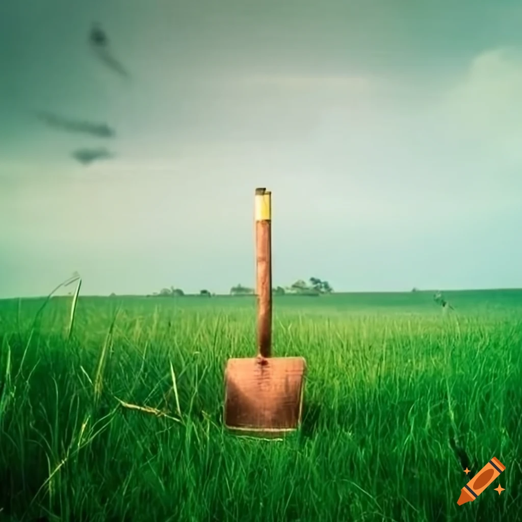 Large spade stuck in the ground in a grass field under grey sky on Craiyon