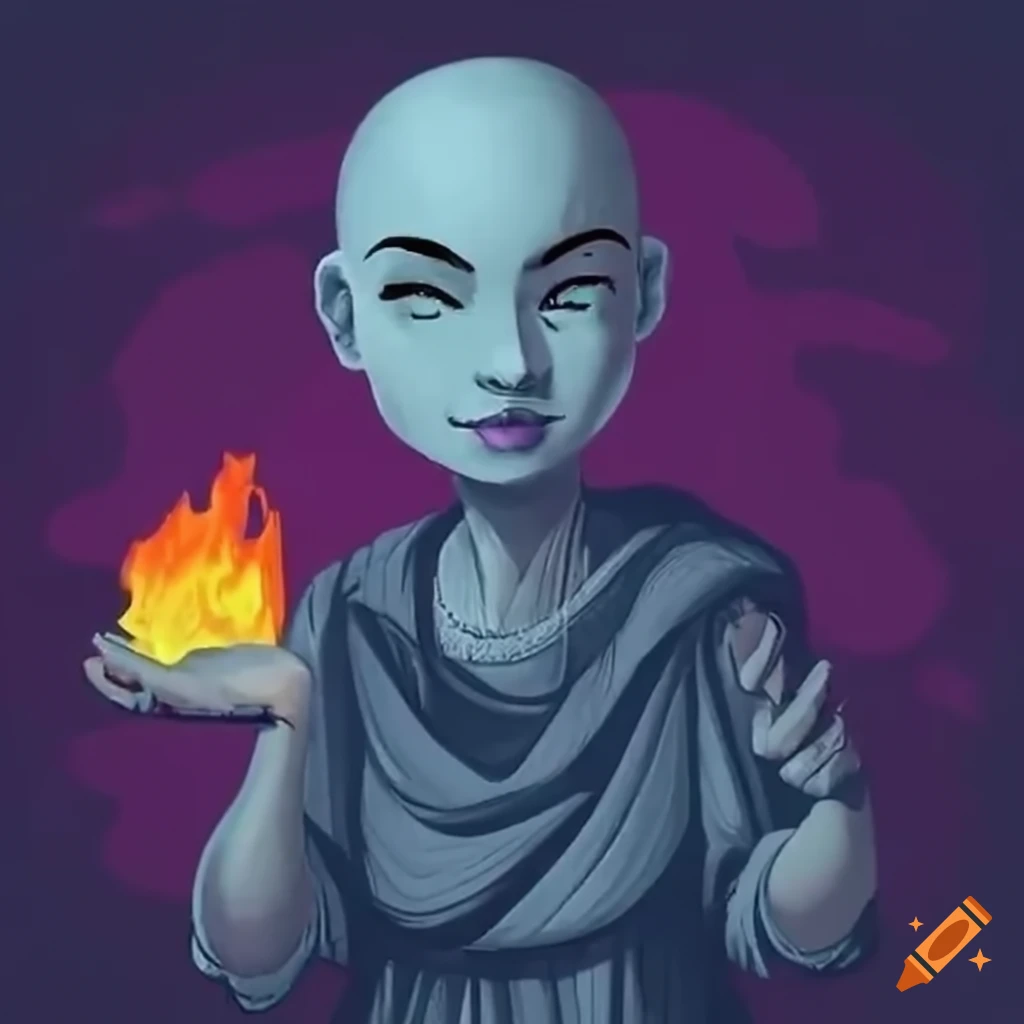 Bald girl wizard casting fiery magic in ragged clothes on Craiyon