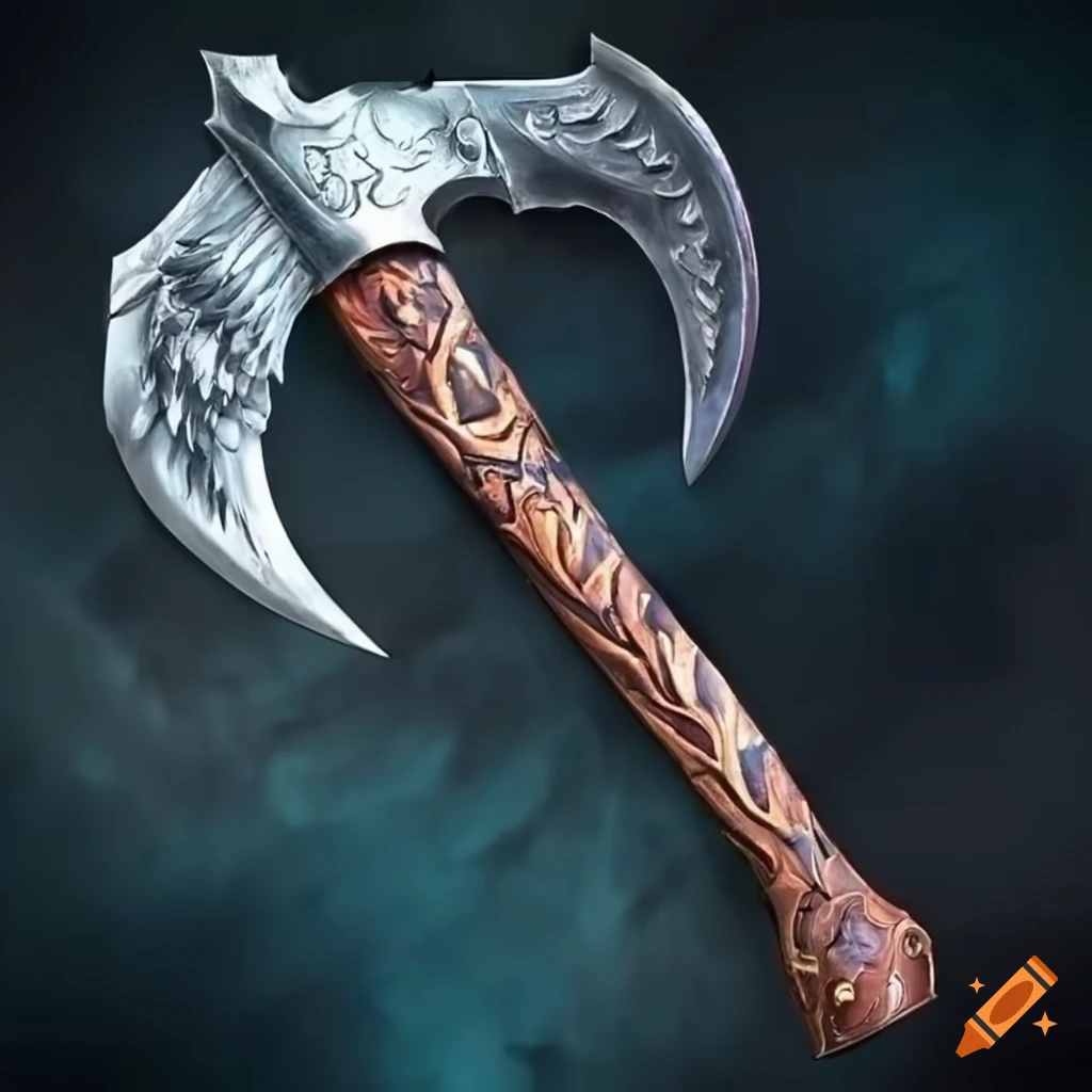 Legendary axe with twin steel phoenix wings blades on Craiyon