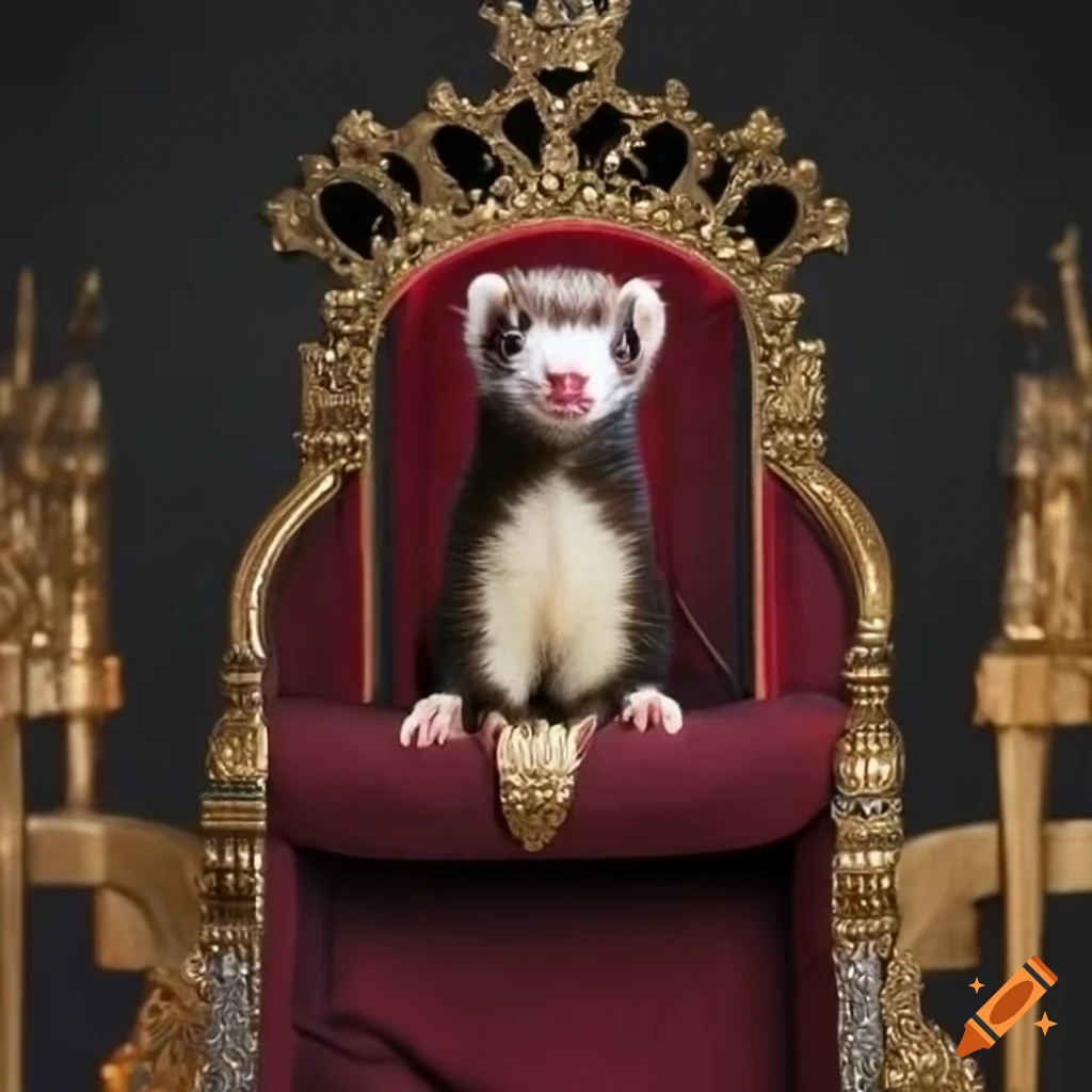 Regal ferret with a crown sitting on a throne in a formal setting on ...