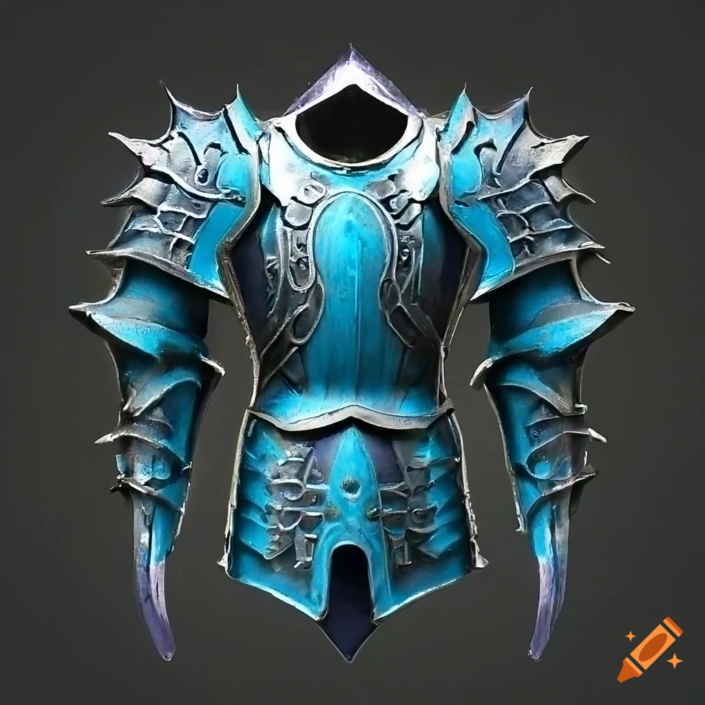 Front view of mythic fantasy azure gothic steel armor with equal parts ...