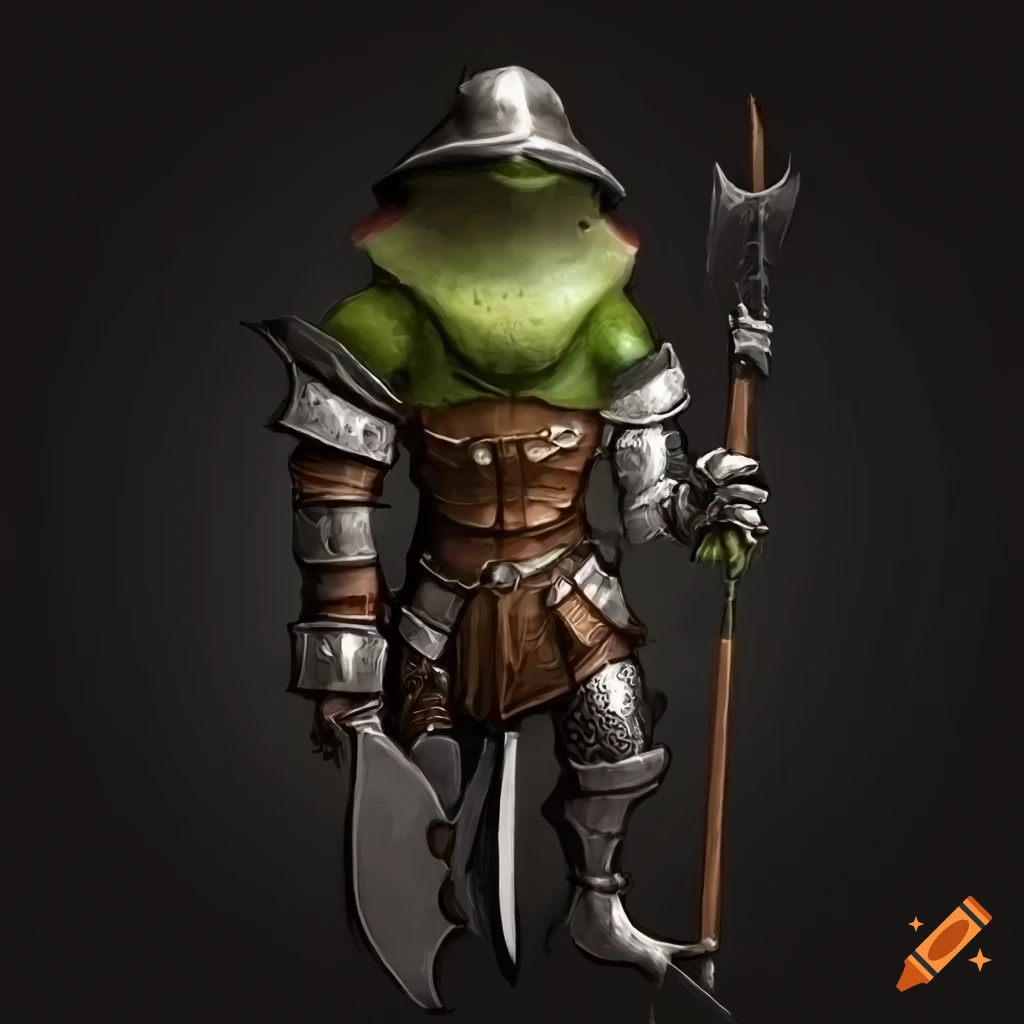 Frog man in armor wielding a black halberd on Craiyon