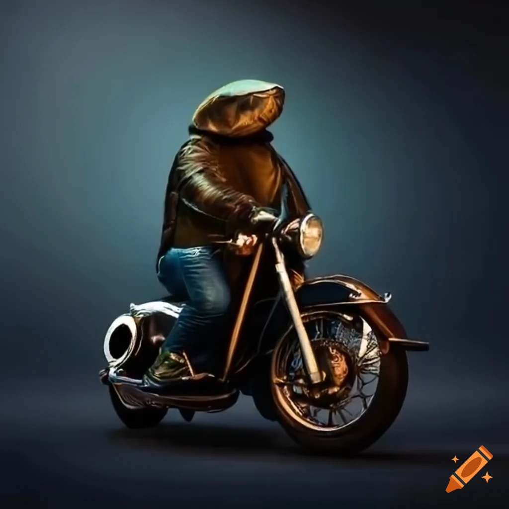 Turtle riding a motorcycle in blue jeans and leather jacket on Craiyon