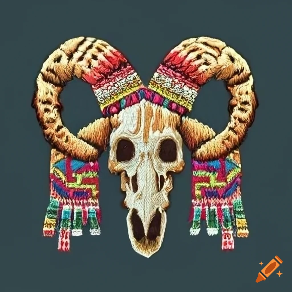 Aztec embroidered ram's skull design on Craiyon