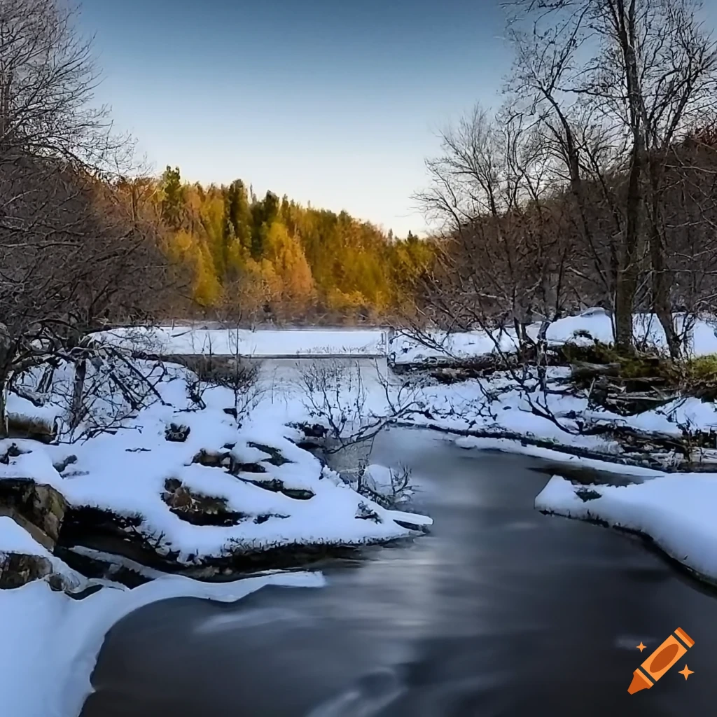 Early spring landscape with snow melting, small river, and trees on Craiyon