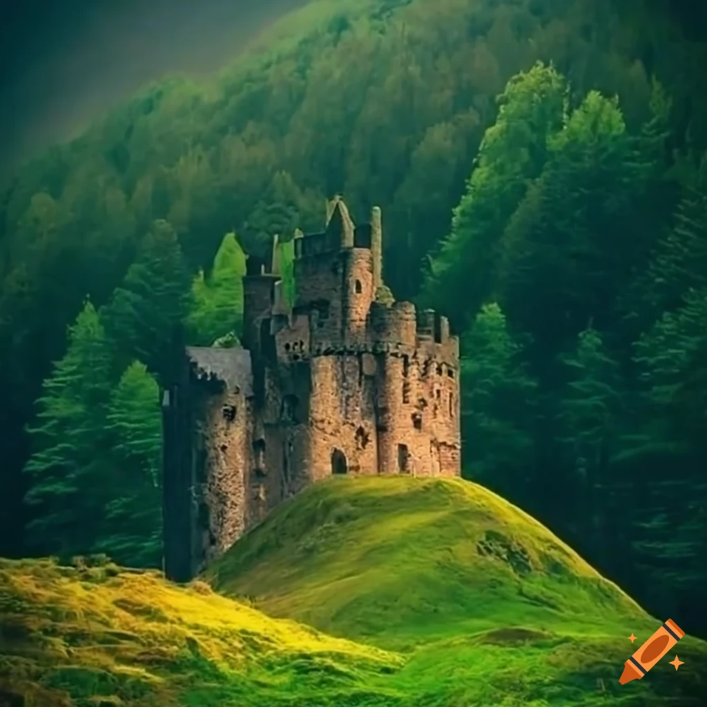 Large stone castle on a hill in a Scottish glen surrounded by forest on ...
