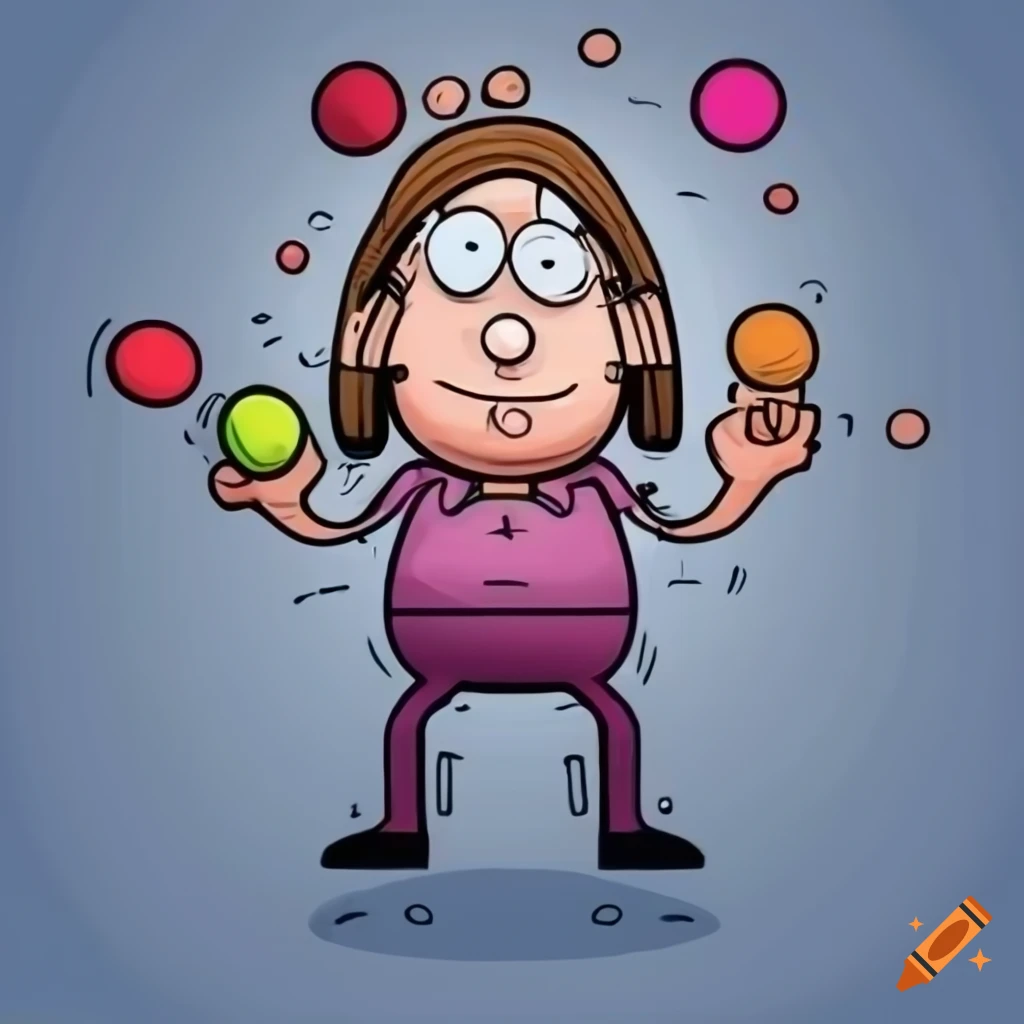Colorful cartoon illustration of a woman juggling five balls on Craiyon