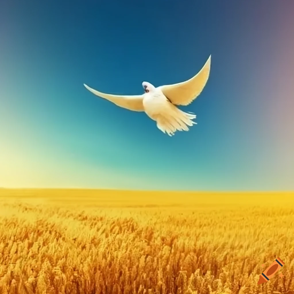 Victory dove flying over blue sky and golden fields on Craiyon