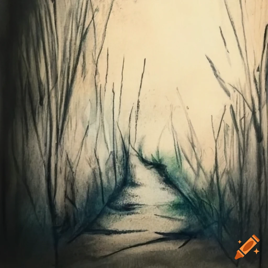 Pov view moving through grass in a charcoal drawing on Craiyon