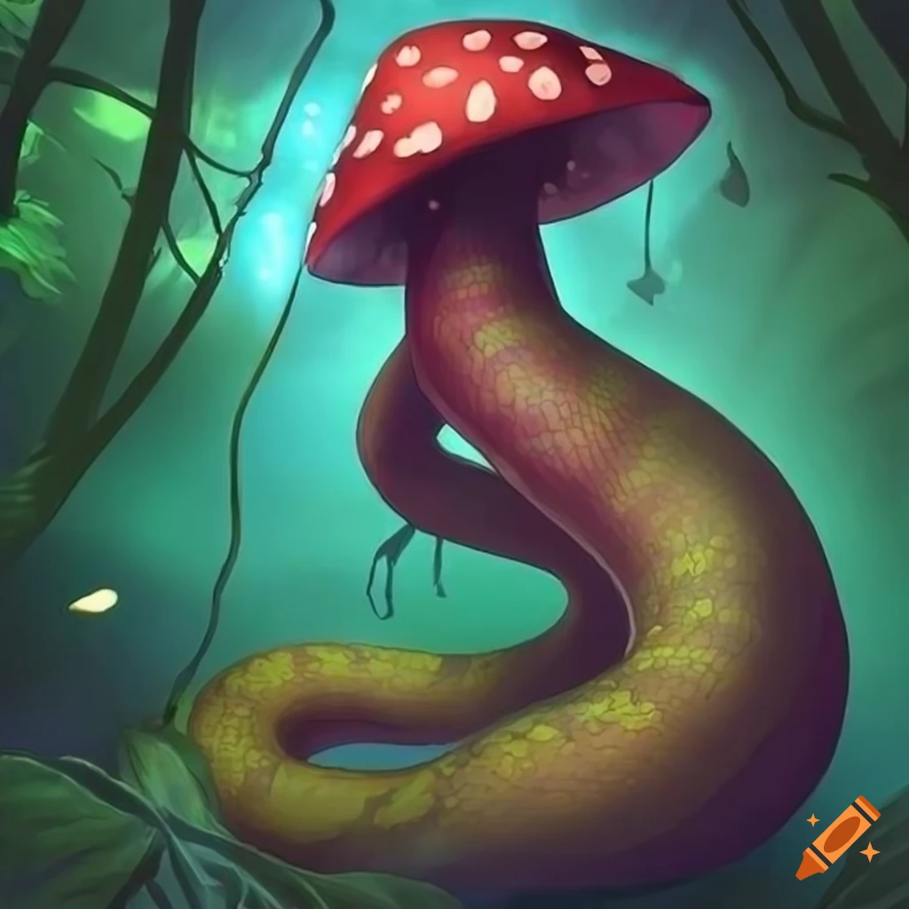 Fantasy vampire mushroom lightning snake in a lush tropical forest on ...