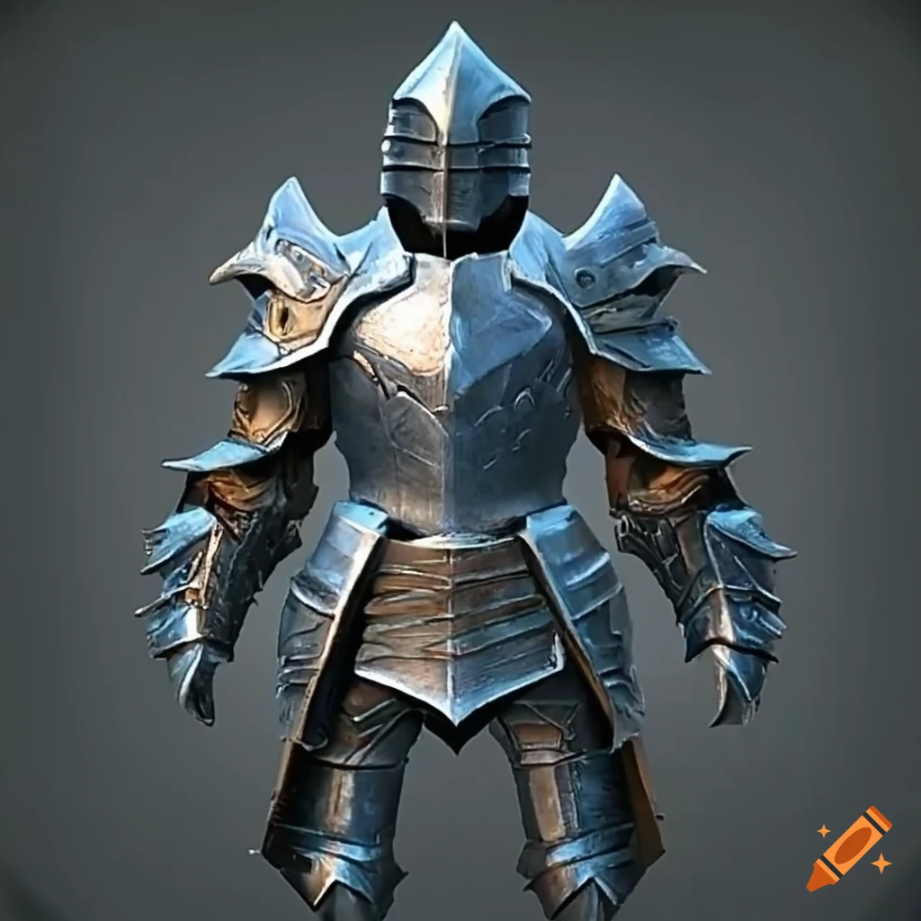 Mythic shiny fantasy master armor made of steel viewed from the front on Craiyon