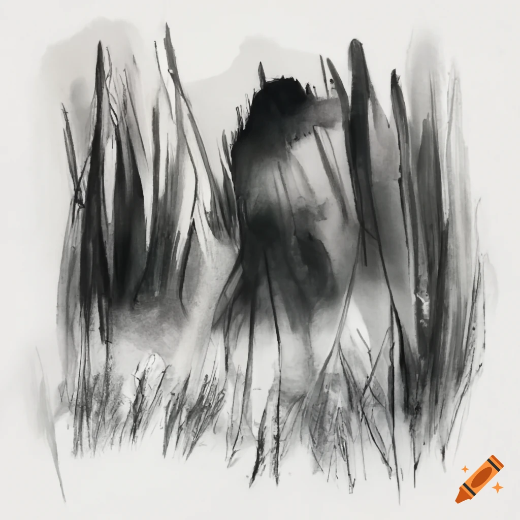 Pov view through grass in a charcoal drawing on Craiyon