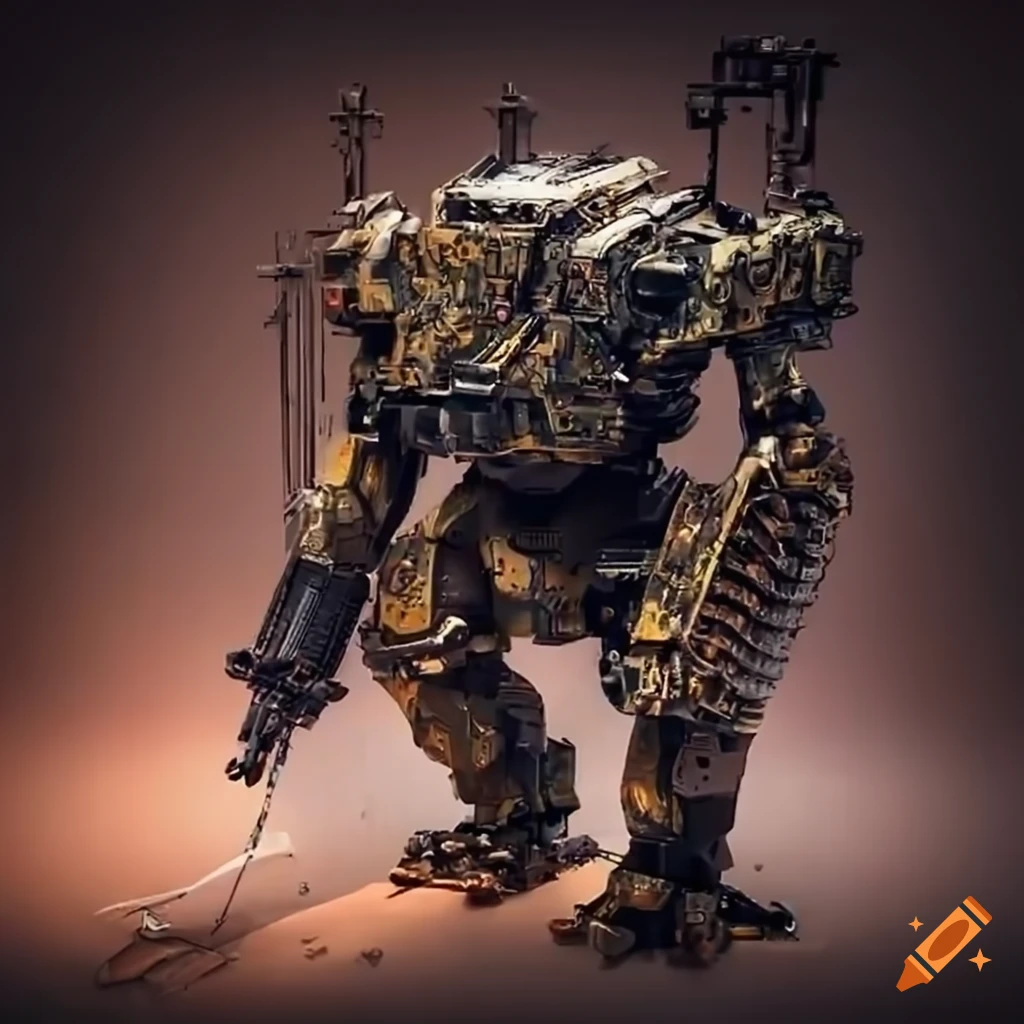 Intimidating mech with machine gun and drones in a war setting on Craiyon