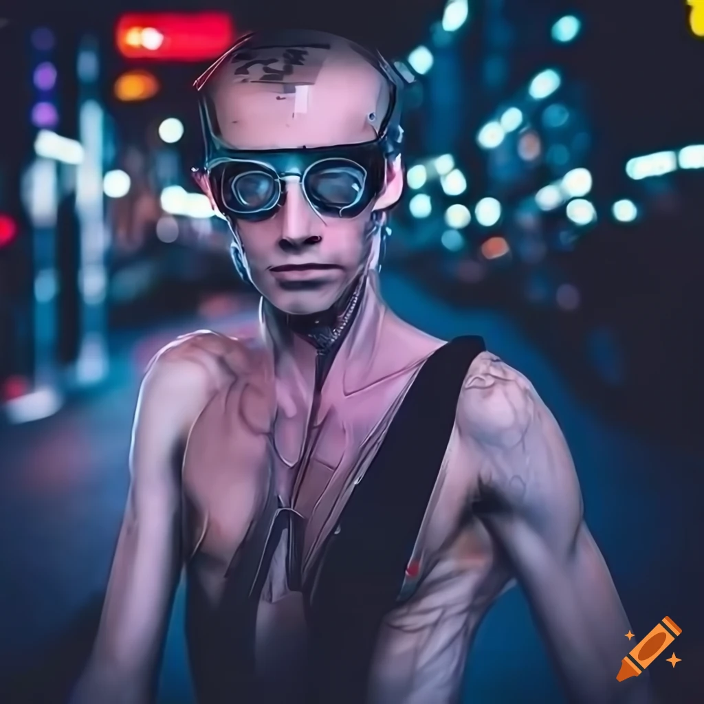 Futuristic cyborg geek with oversized goggles looking at city lights at ...