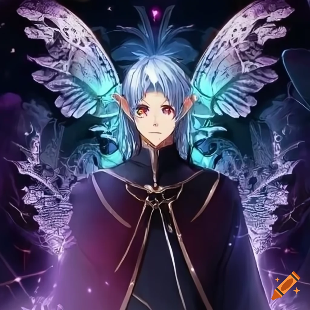 Anime Legendary Elven King With Butterfly Wings In A Saintly Icy Meteor Golden Hair Priest