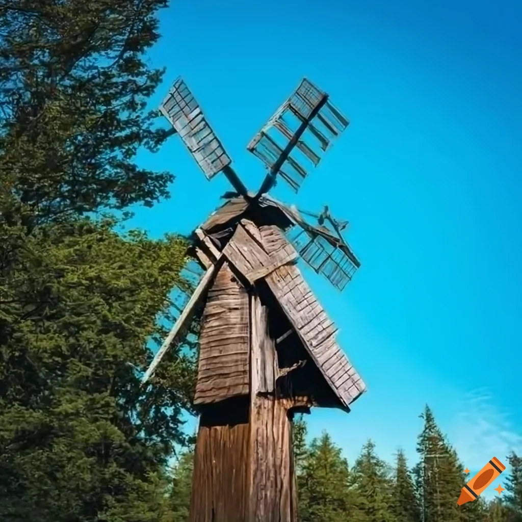 Old wooden windmill in a forest under a clear blue sky on Craiyon