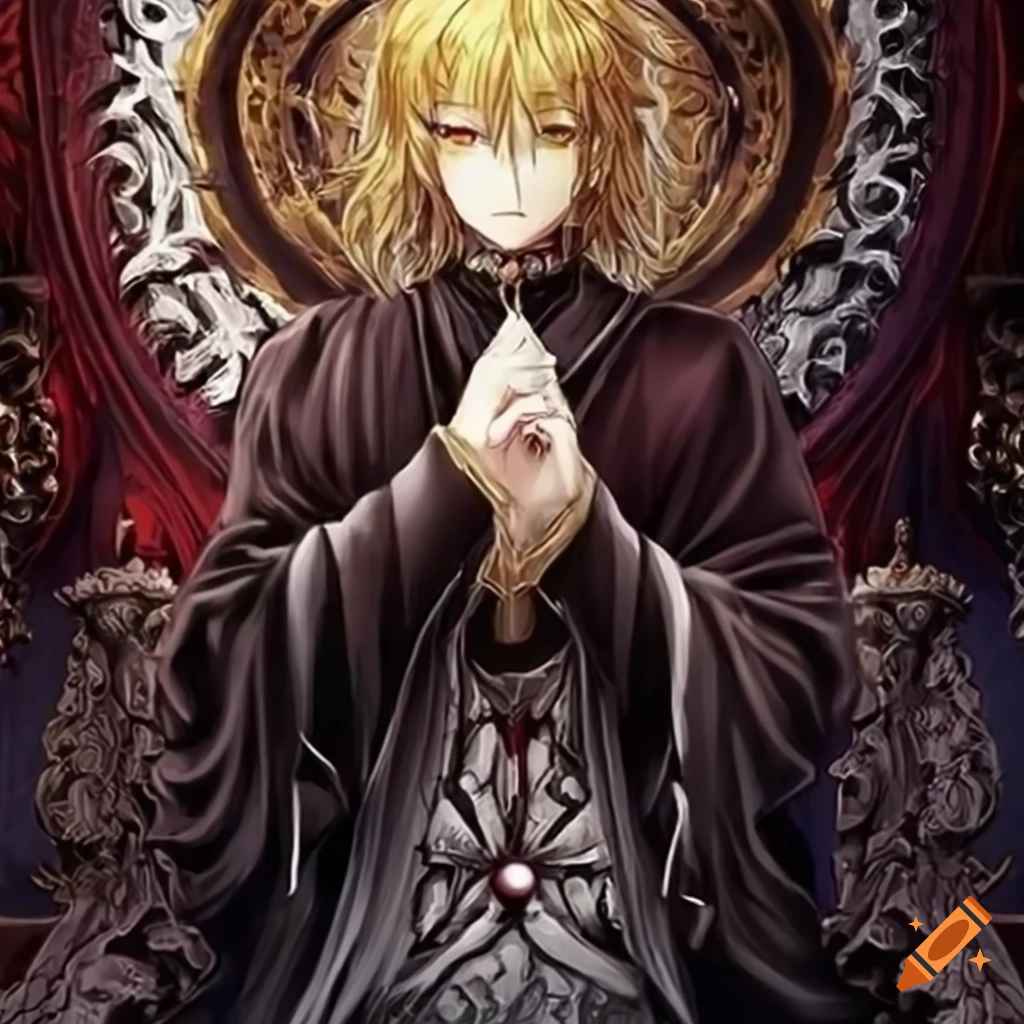 Anime legendary man with icy golden hair in a gothic vampire priest ...