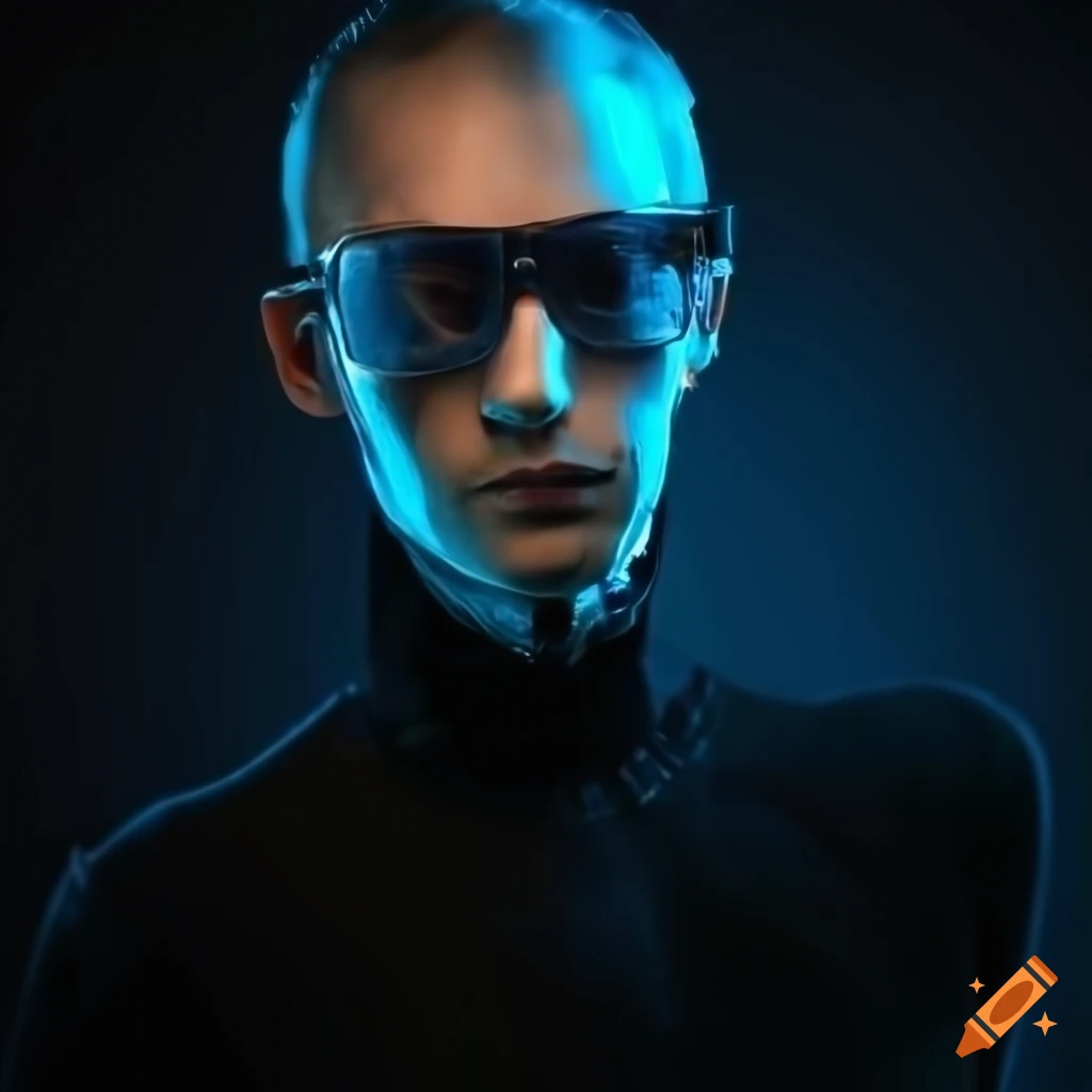 Cyborg geek with oversized goggles staring at city lights on Craiyon