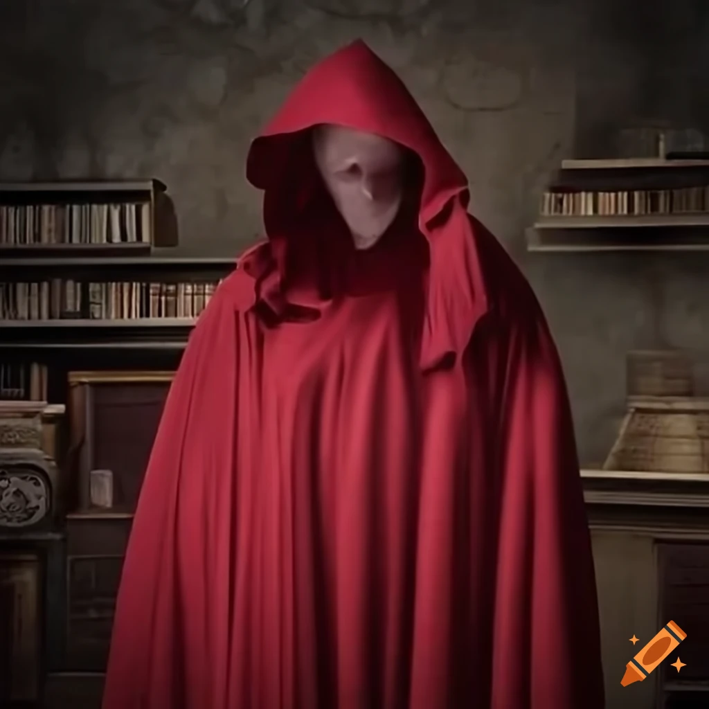 Mysterious red cloaked figure applying ancient scrolls in an enchanted ...