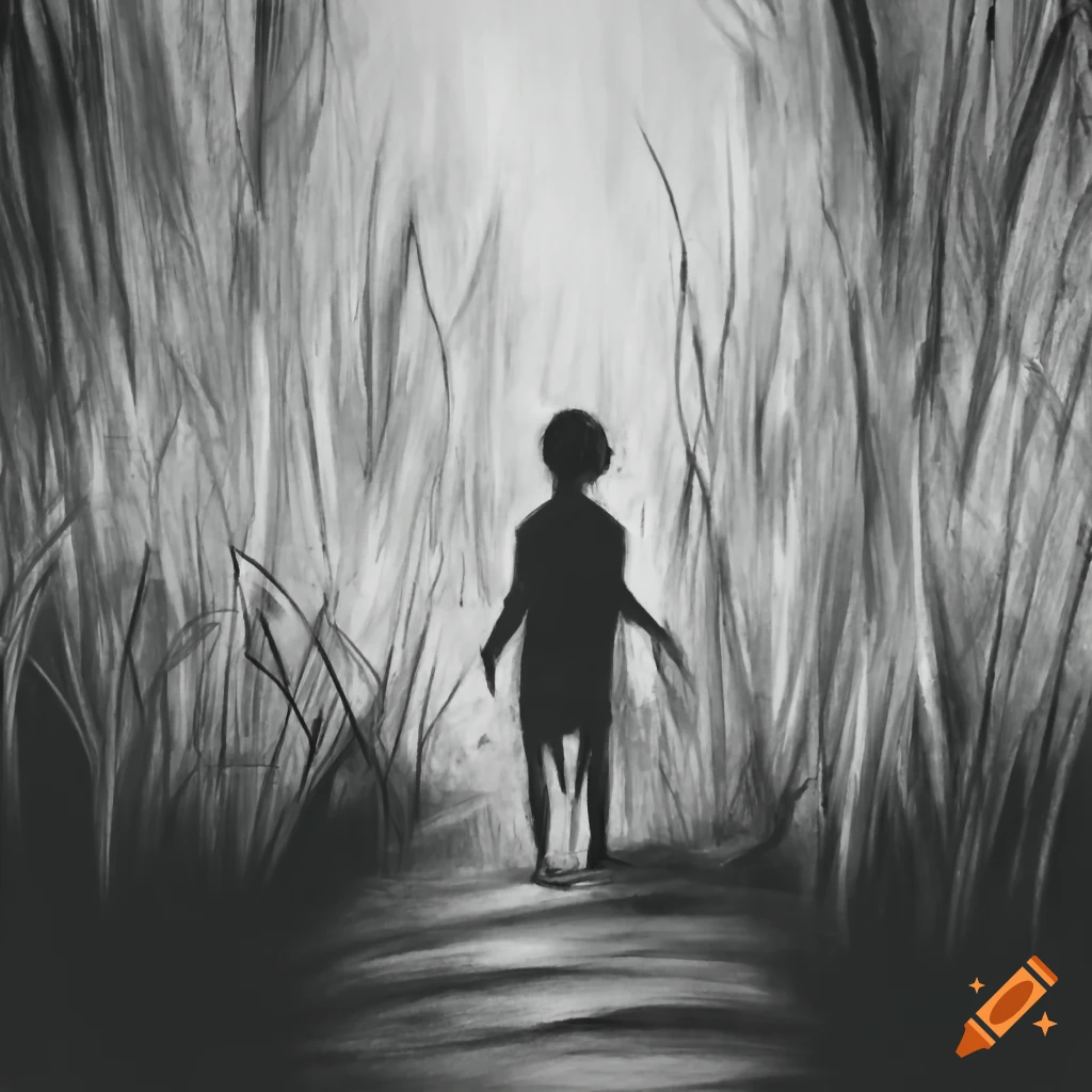 POV view moving through grass in a charcoal drawing on Craiyon