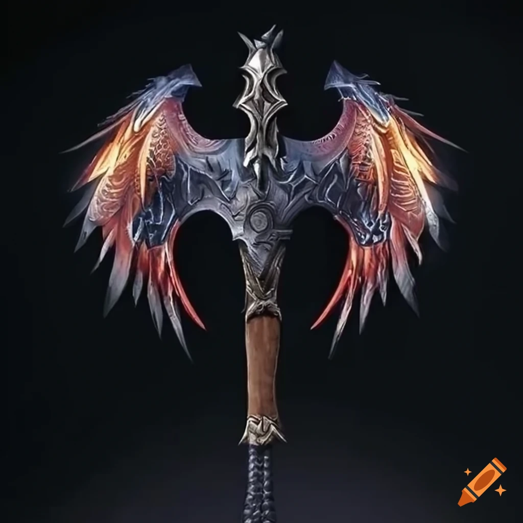 Legendary axe with twin steel phoenix wings blades on Craiyon