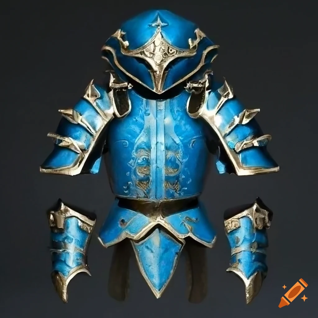 Mythic fantasy azure gothic armor made of steel, front view with ...
