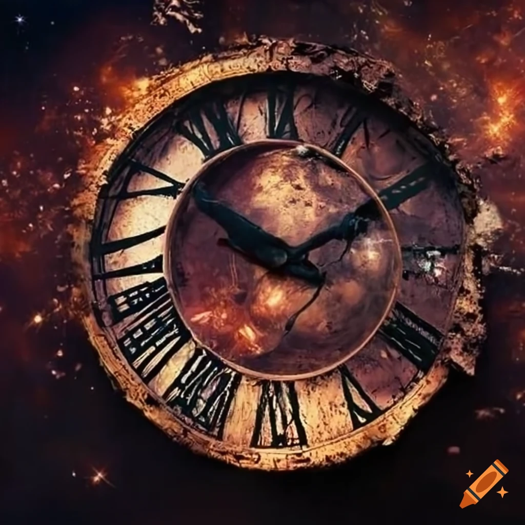 Destroyed clock face fading into the universe on Craiyon