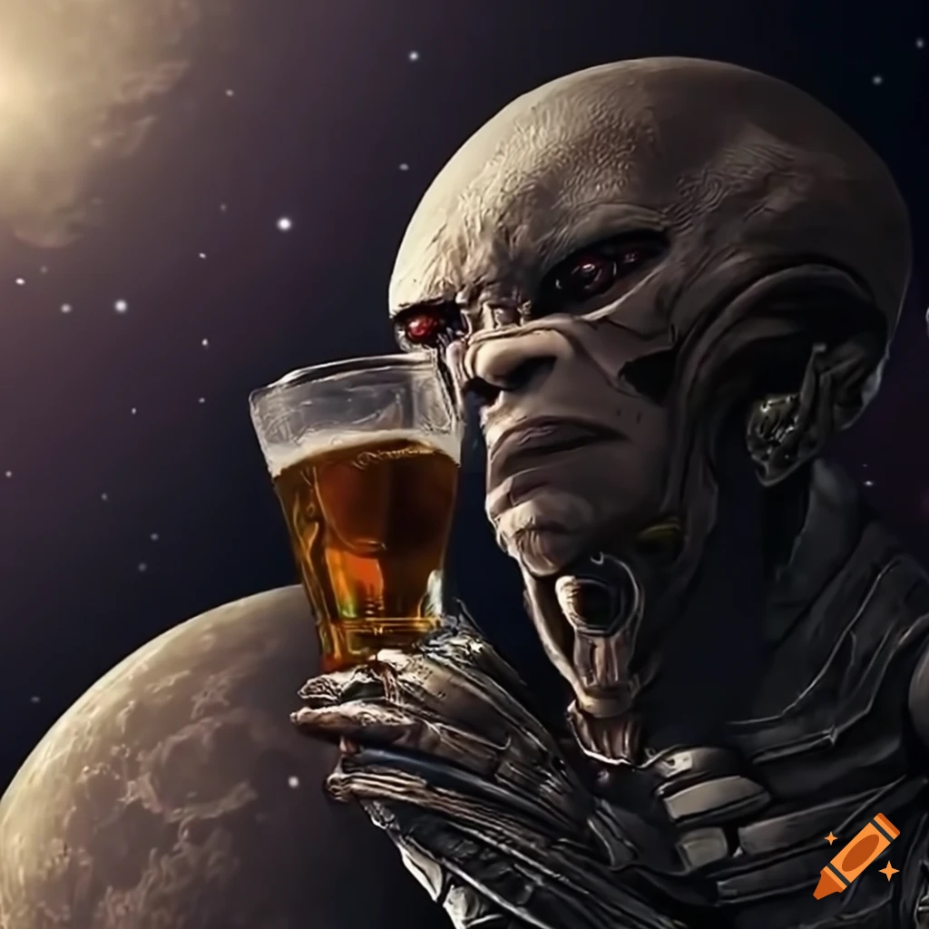Alien in armor drinking beer on the moon in high definition detail on ...