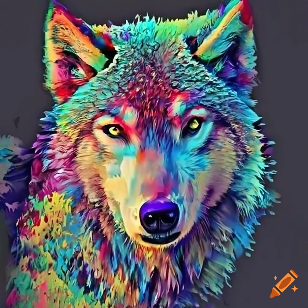 Colorful wolf with vibrant paint splatters on Craiyon