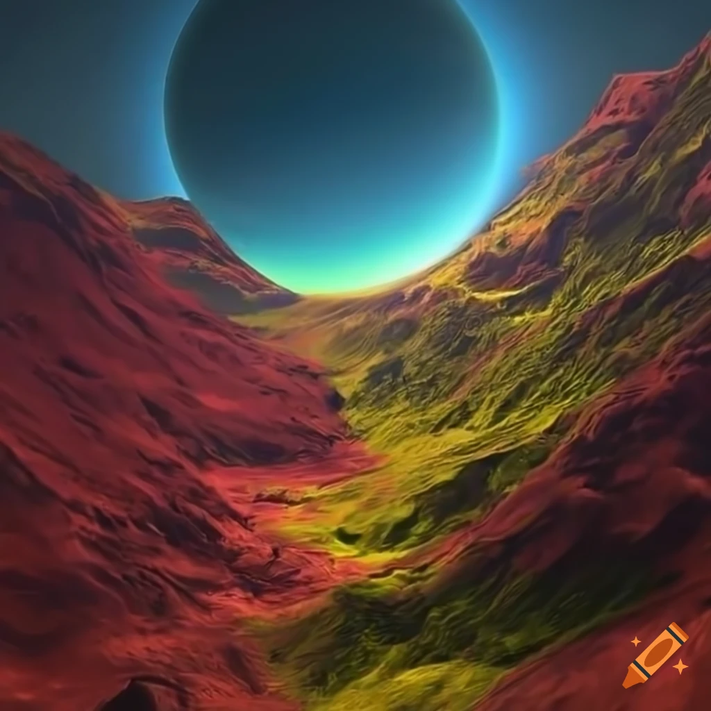 Alien planet landscape with vibrant colors and beautiful foliage on Craiyon