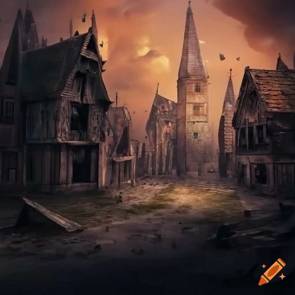 Abandoned and destroyed medieval fantasy town on Craiyon