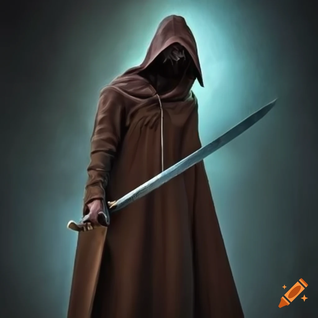 Intriguing image of a brown hooded thief with a sword and mysterious ...