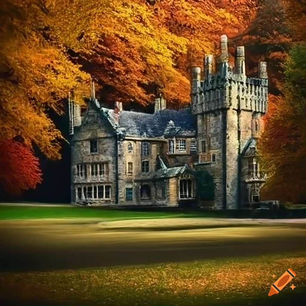 Hatley castle in autumn with a foreboding and dark atmosphere on Craiyon