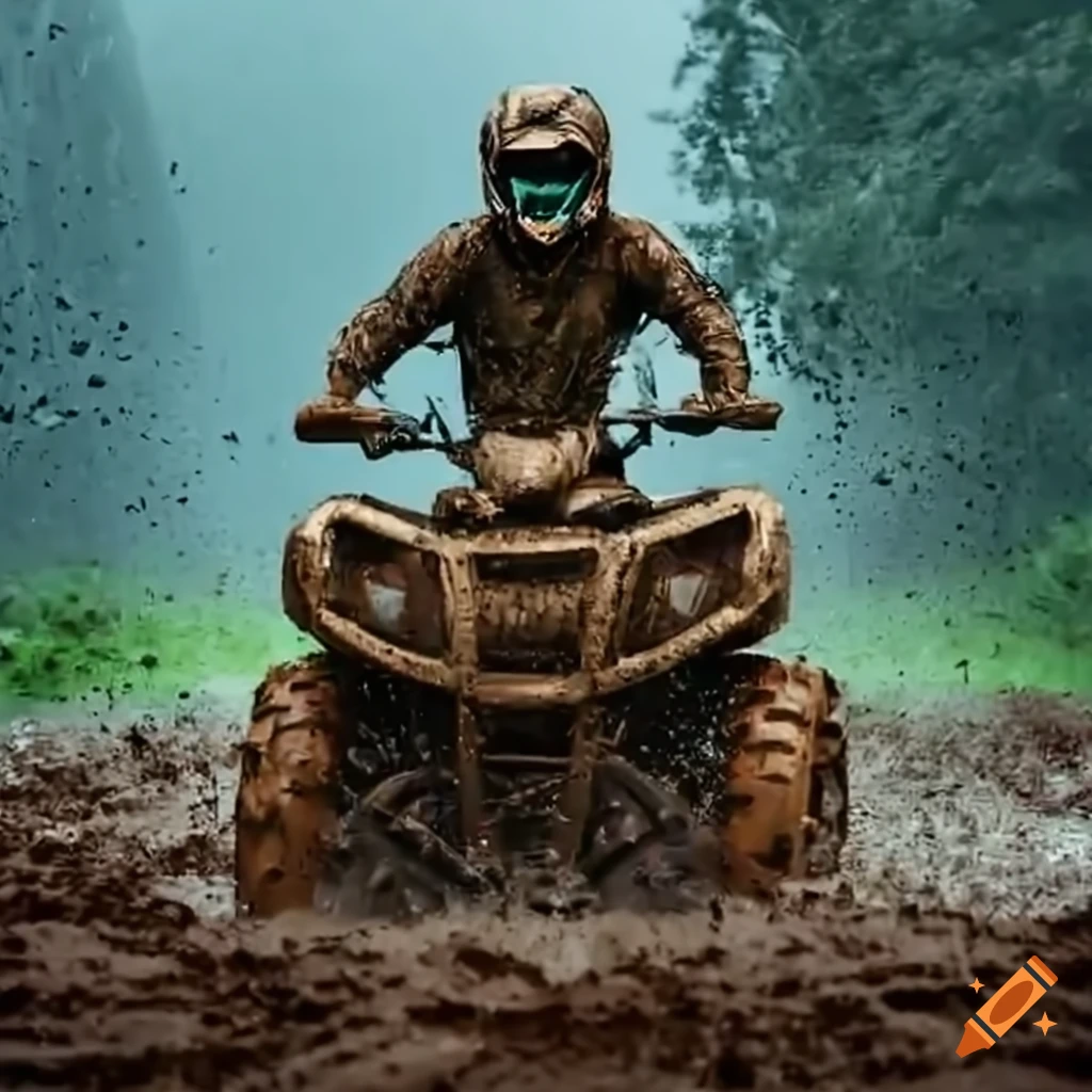Atv rider in muddy terrain kicking up dirt and water in the rain on Craiyon