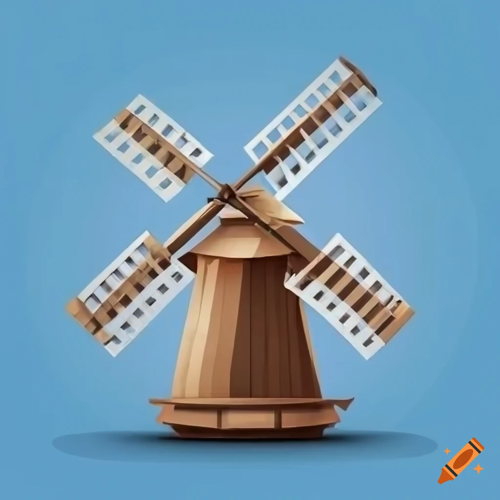 Elegant wooden windmill with symmetrical blades on blue background on ...